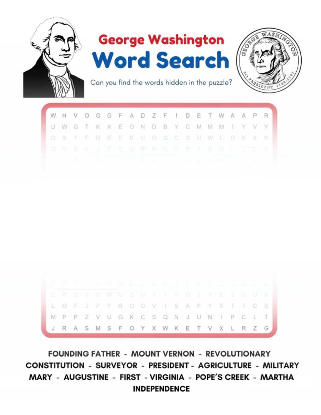 George Washington Wordsearch, Digital Download, Activities, Printable ...