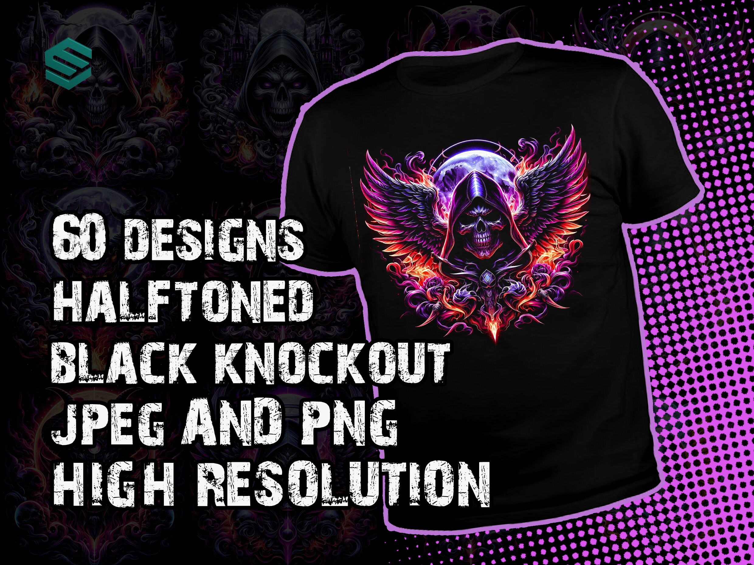 60 Halftone Gothic Tshirt Design JPEG PNG, Black Knockout High ...