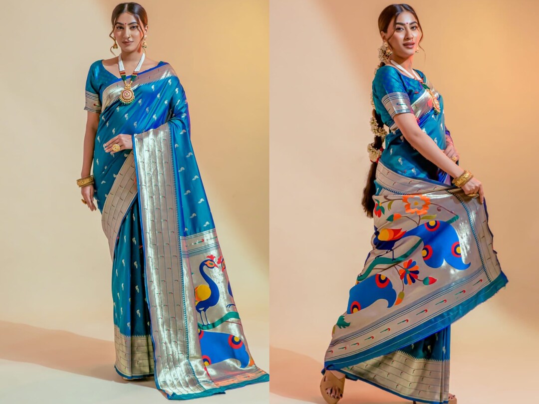 Lapis Blue Paithani Silk Saree With Lovely Flying Peacocks Pallu and ...