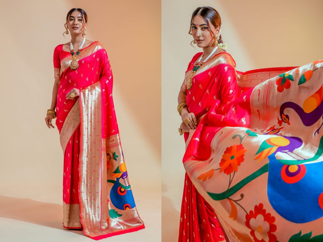 Feiry Red Paithani Silk Saree With Lovely Flying Peacocks - Etsy