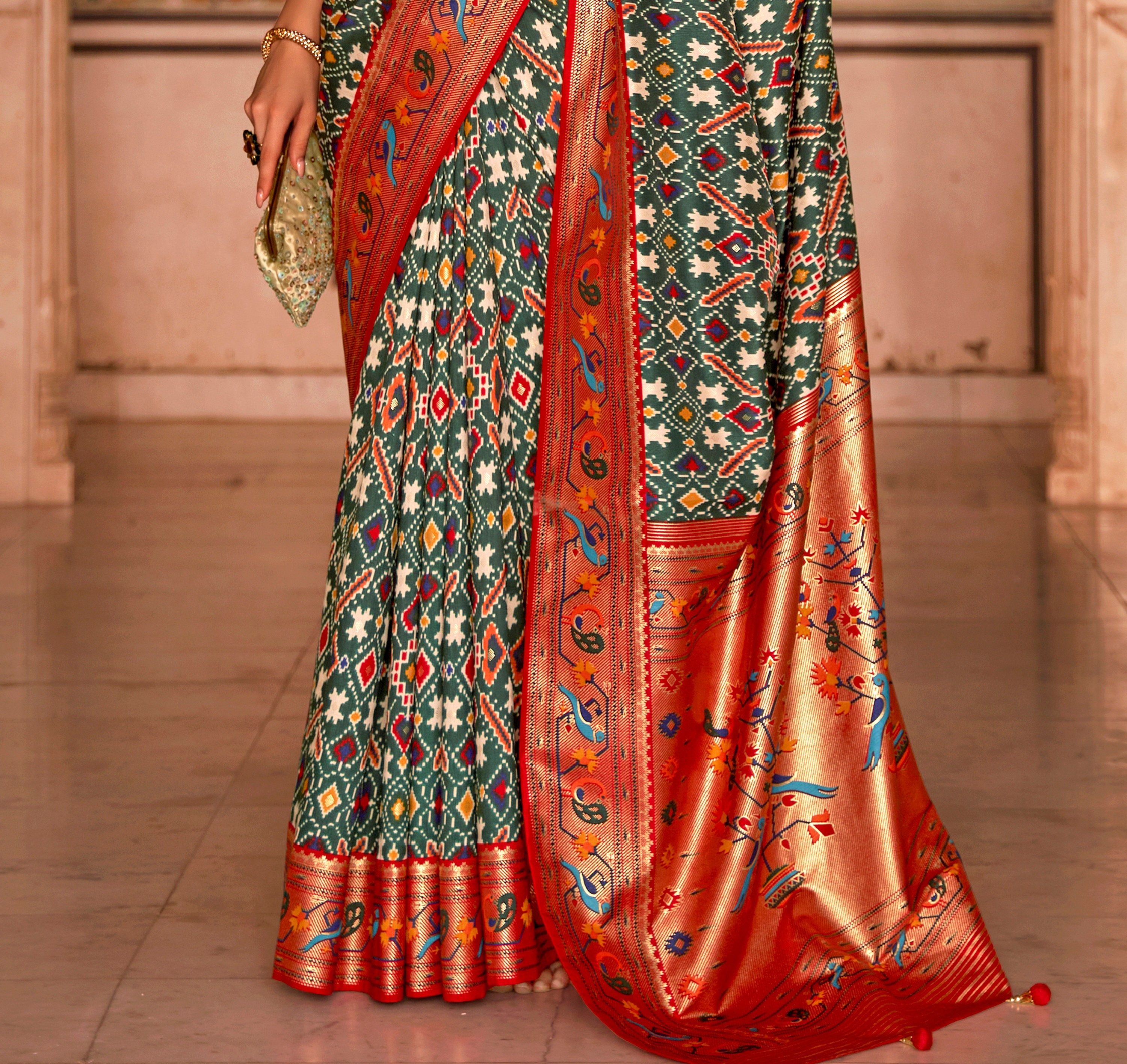 Dark Green Ikkat Design Manek Chowk Design Patola Saree With Paithani ...
