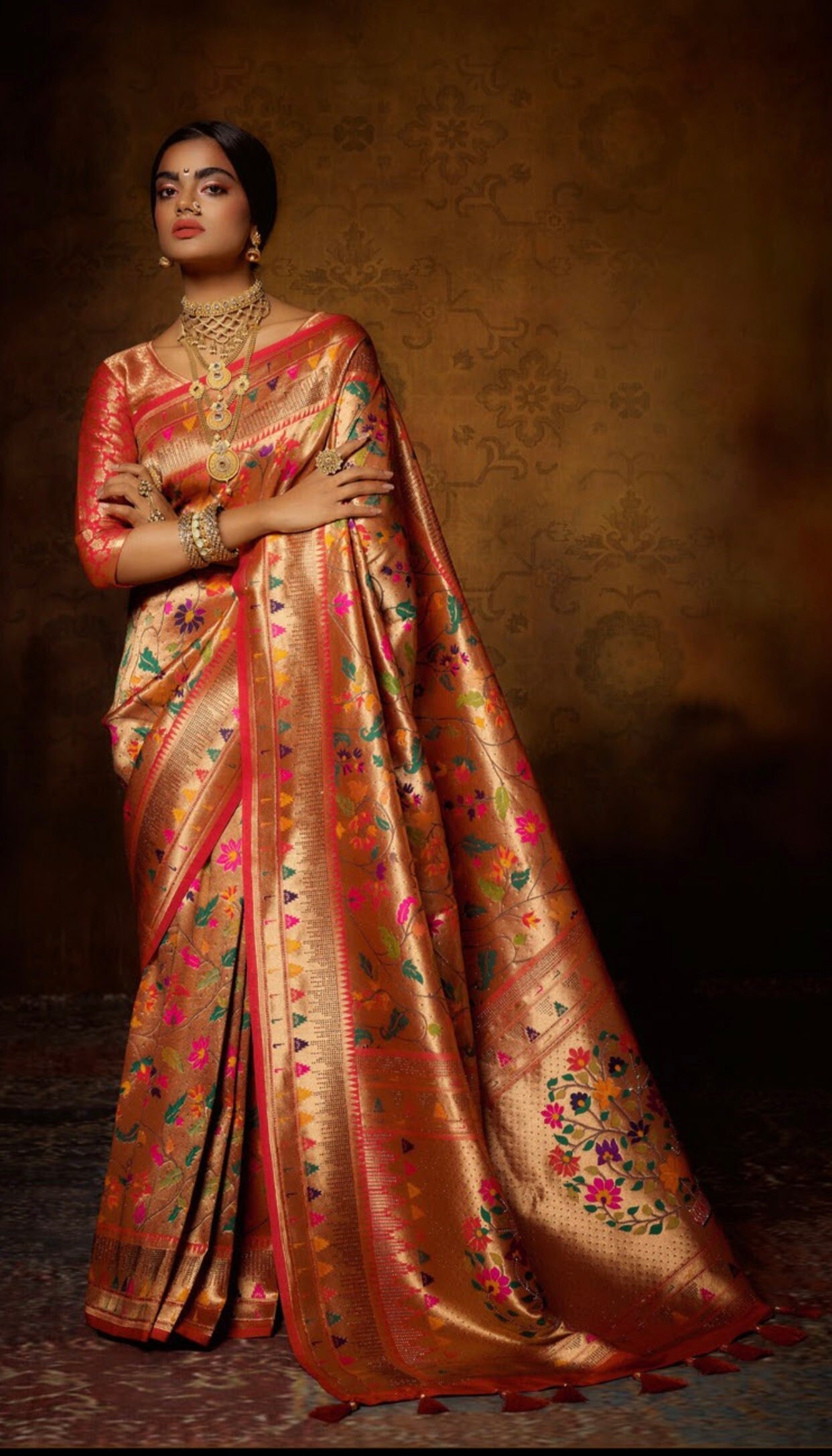 Golden Red Tissue Paithani Silk Saree With All Over Paithani Weaving ...