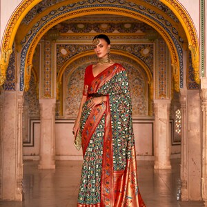 Dark Green Ikkat Design Manek Chowk Design Patola Saree With Paithani ...