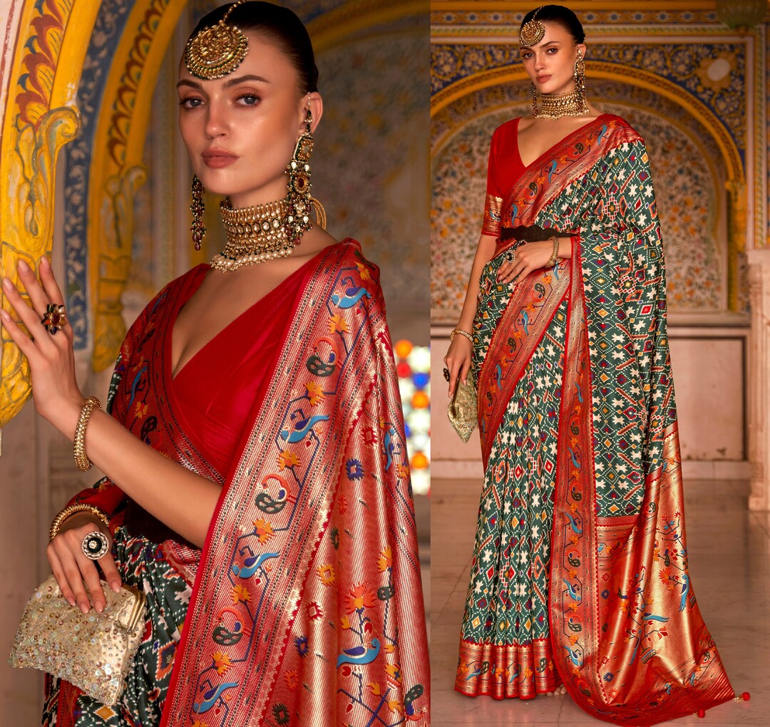 Dark Green Ikkat Design Manek Chowk Design Patola Saree With Paithani ...