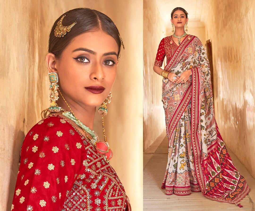 White Red Panetar Style Indian Patola Saree Blouse , Saree With Zardosi ...
