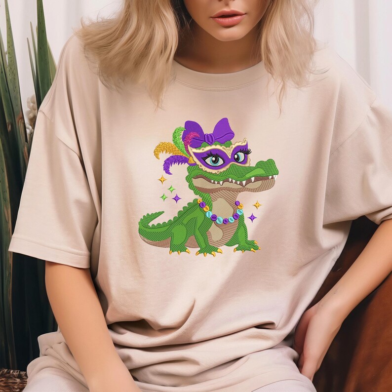 Cute Gator Mardi Gras Embroidery Design 5 Size, Mardi Gras Alligator ...
