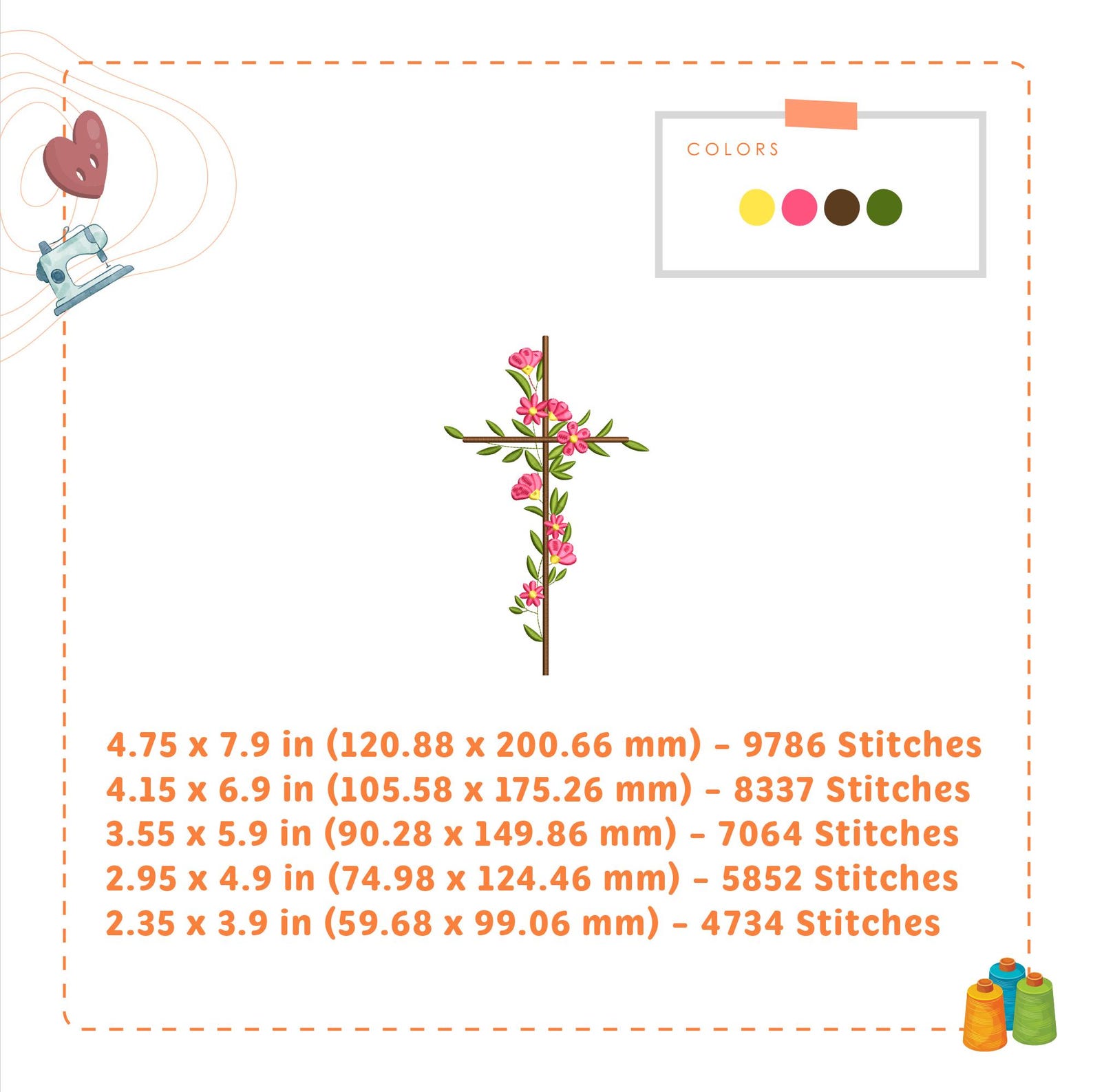 Flower Cross Embroidery Design 5 Sizes, Religious Machine Embroidery ...