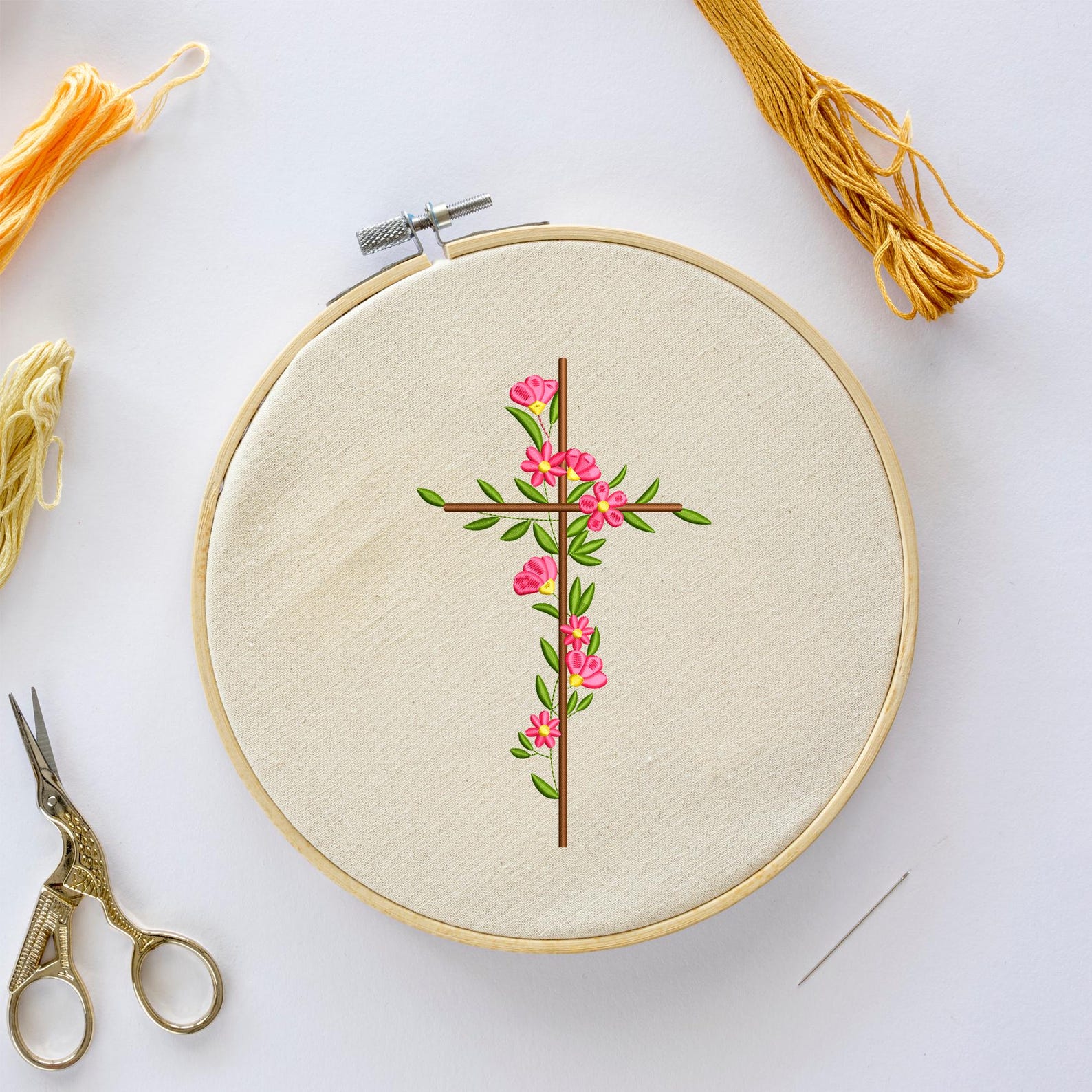 Flower Cross Embroidery Design 5 Sizes, Religious Machine Embroidery ...