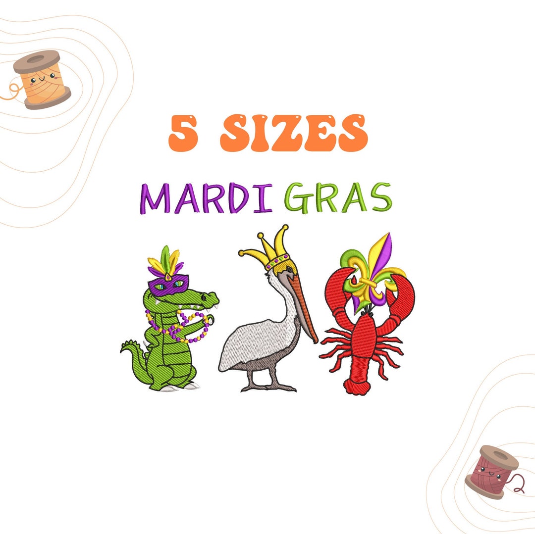 Mardi Gras Embroidery Design 5 Sizes, Mardi Gras Alligator Pelican ...