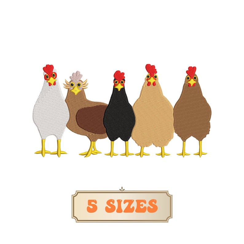 Five Chickens Embroidery Design 5 Size, Chickens Machine Embroidery ...