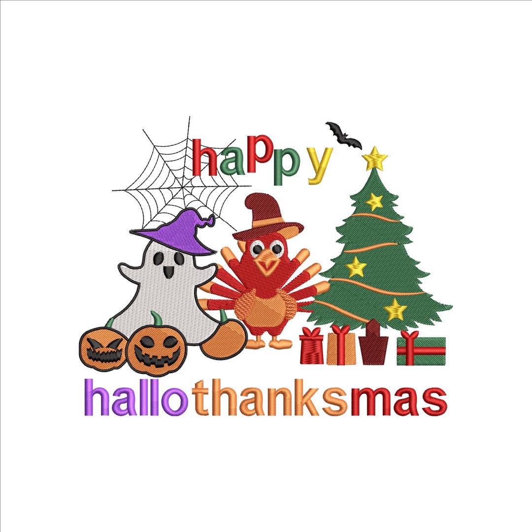 Happy Hallothanksmas Ghost Turkey and Tree Embroidery Design, Happy ...