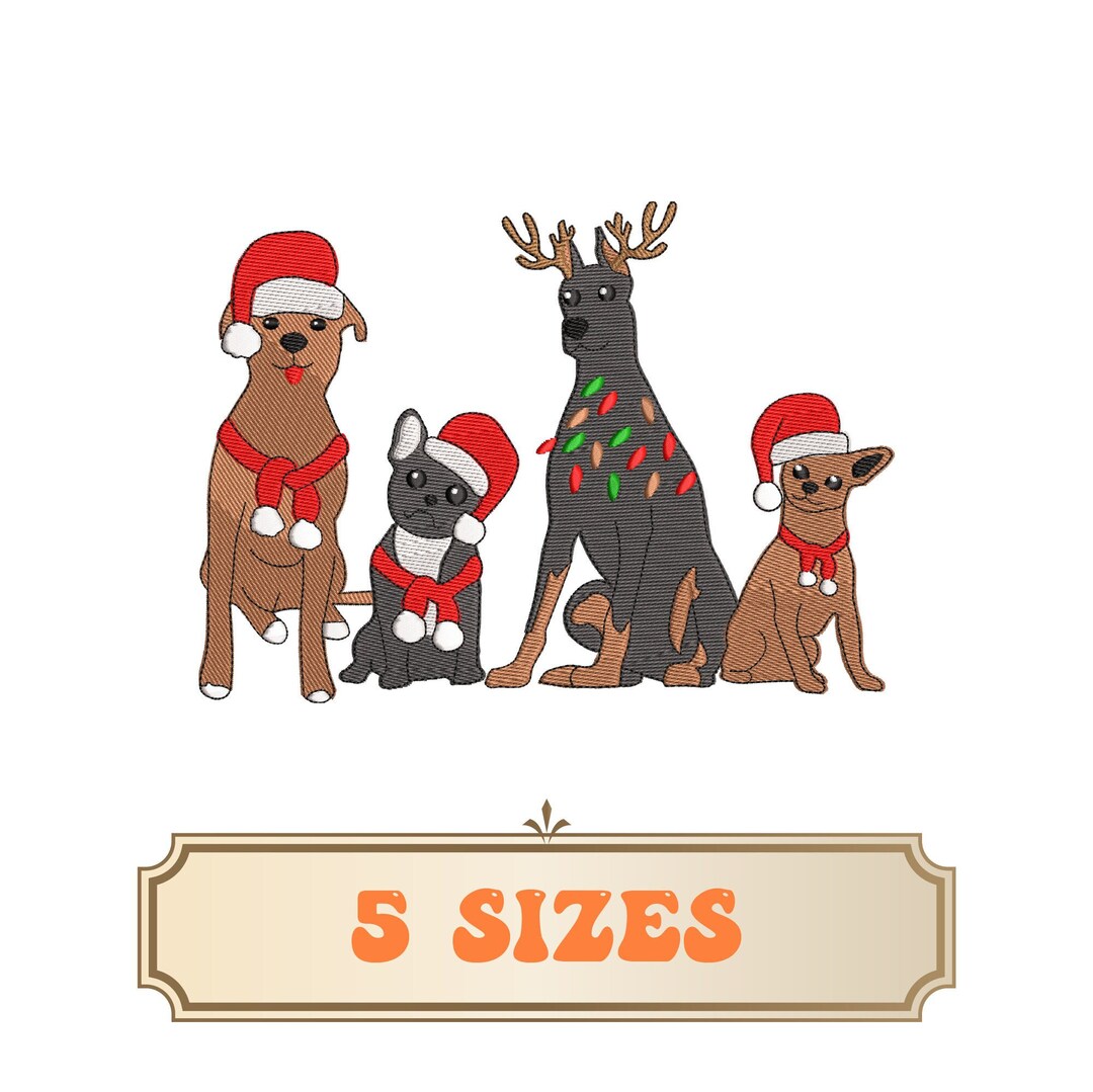 Dog Christmas Embroidery Design 5 Sizes, Four Dog Christmas Embroidery ...