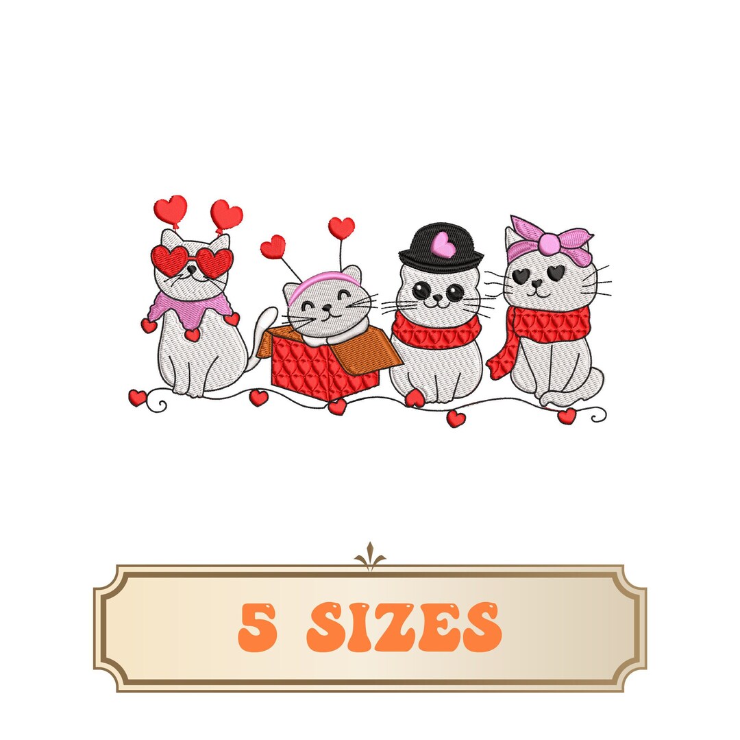 Valentine Cats Embroidery Design 5 Sizes, Happy Valentine's Day Cute ...