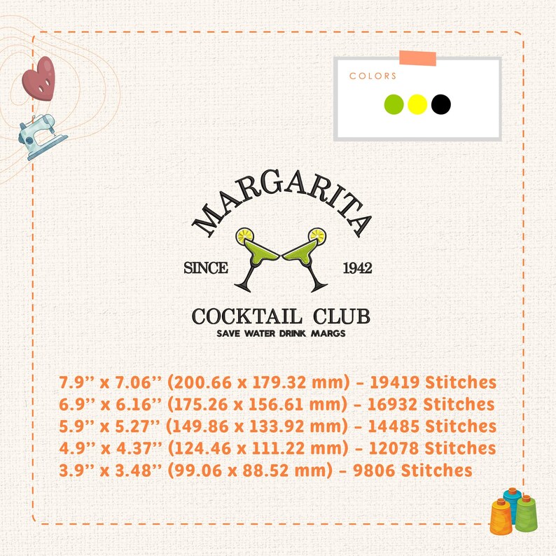 Cocktail Club Embroidery Designs 5 Sizes, Margarita Embroidery Designs ...