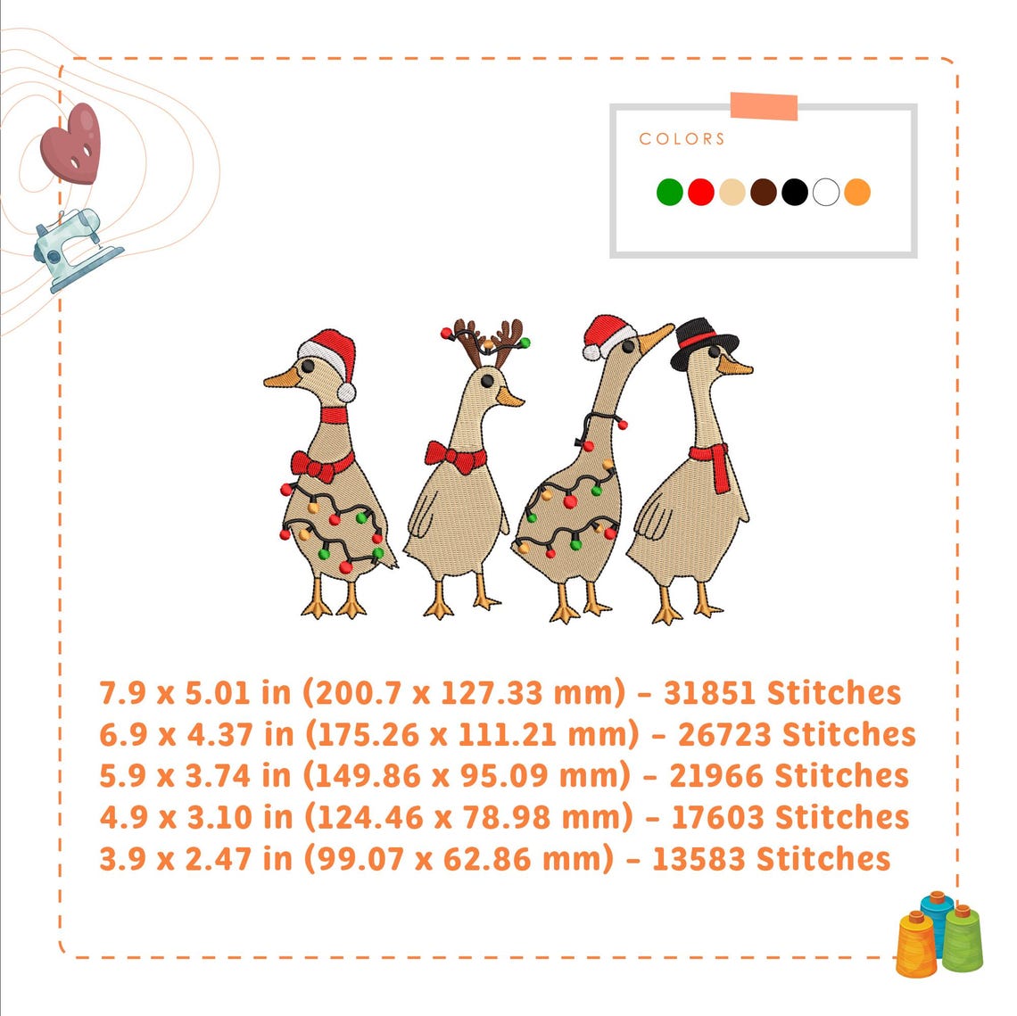 Ducks Christmas Light Embroidery Design 5 Size, Santa Ducks Merry ...