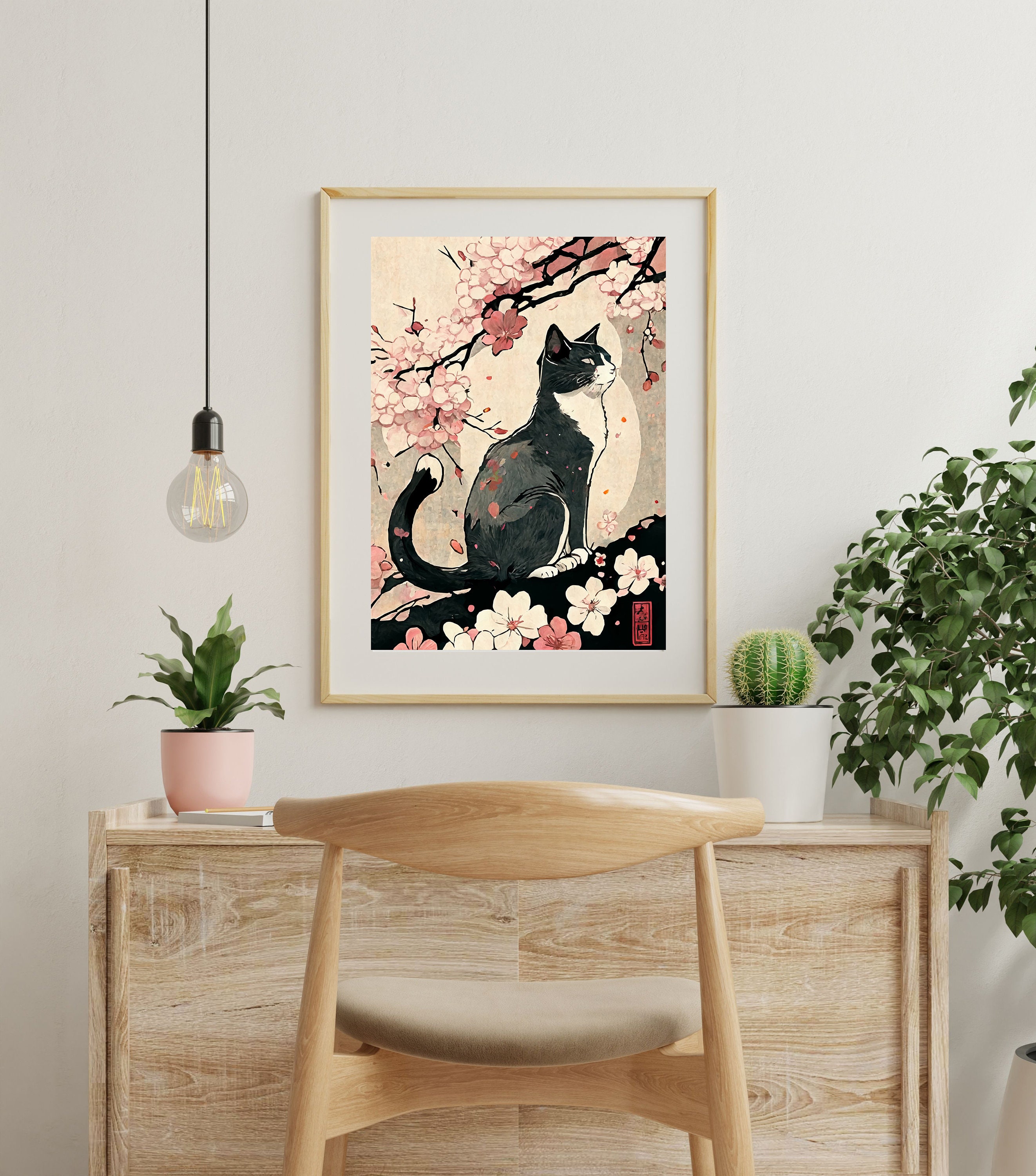 Cat In Blossom, Japanese Art Style, Japanese Cat Poster, , No Frame