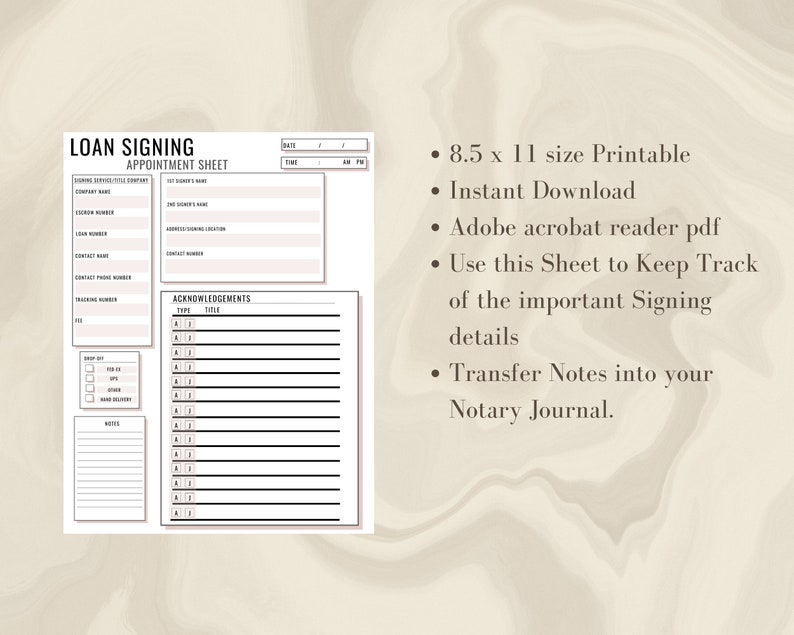 Printable Loan Signing Appointment Sheet Notary Public Template Loan ...