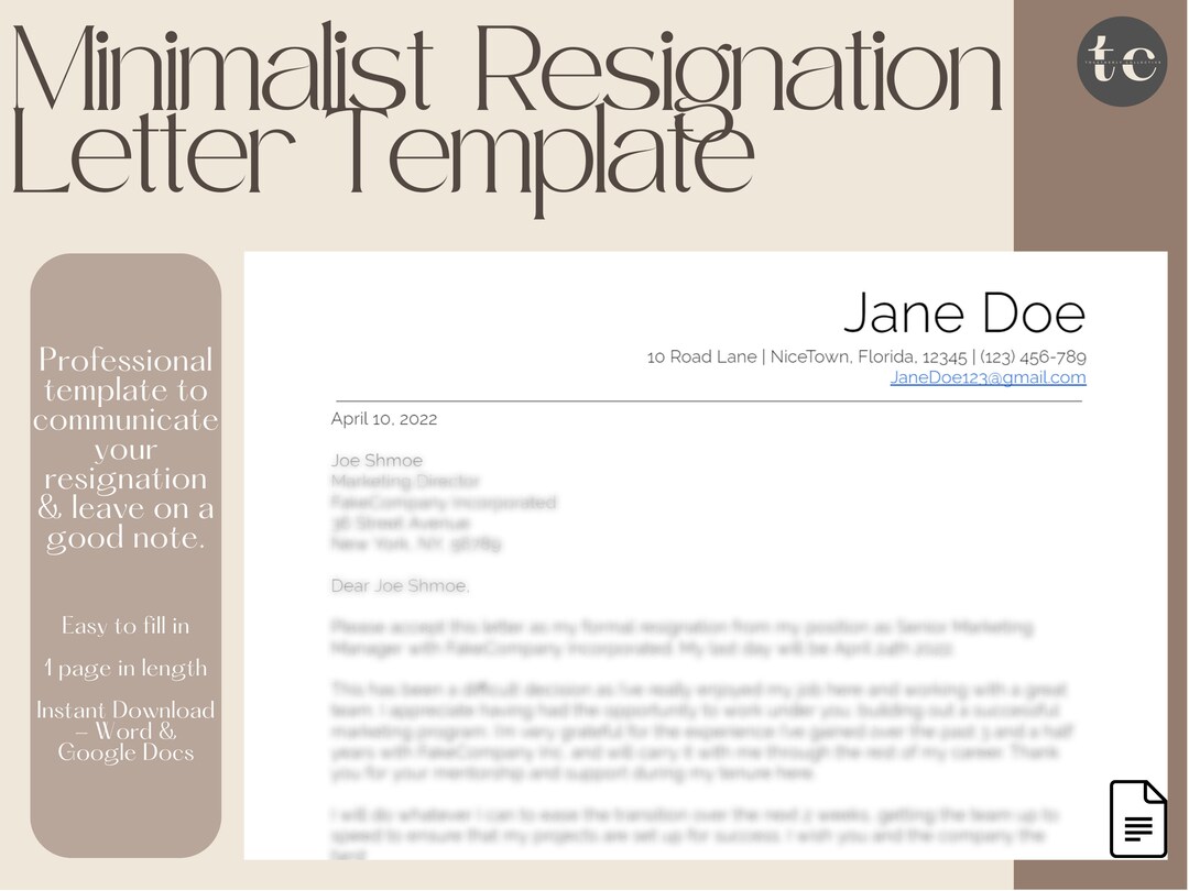 Resignation Letter Template Employee Separation Minimalist - Etsy