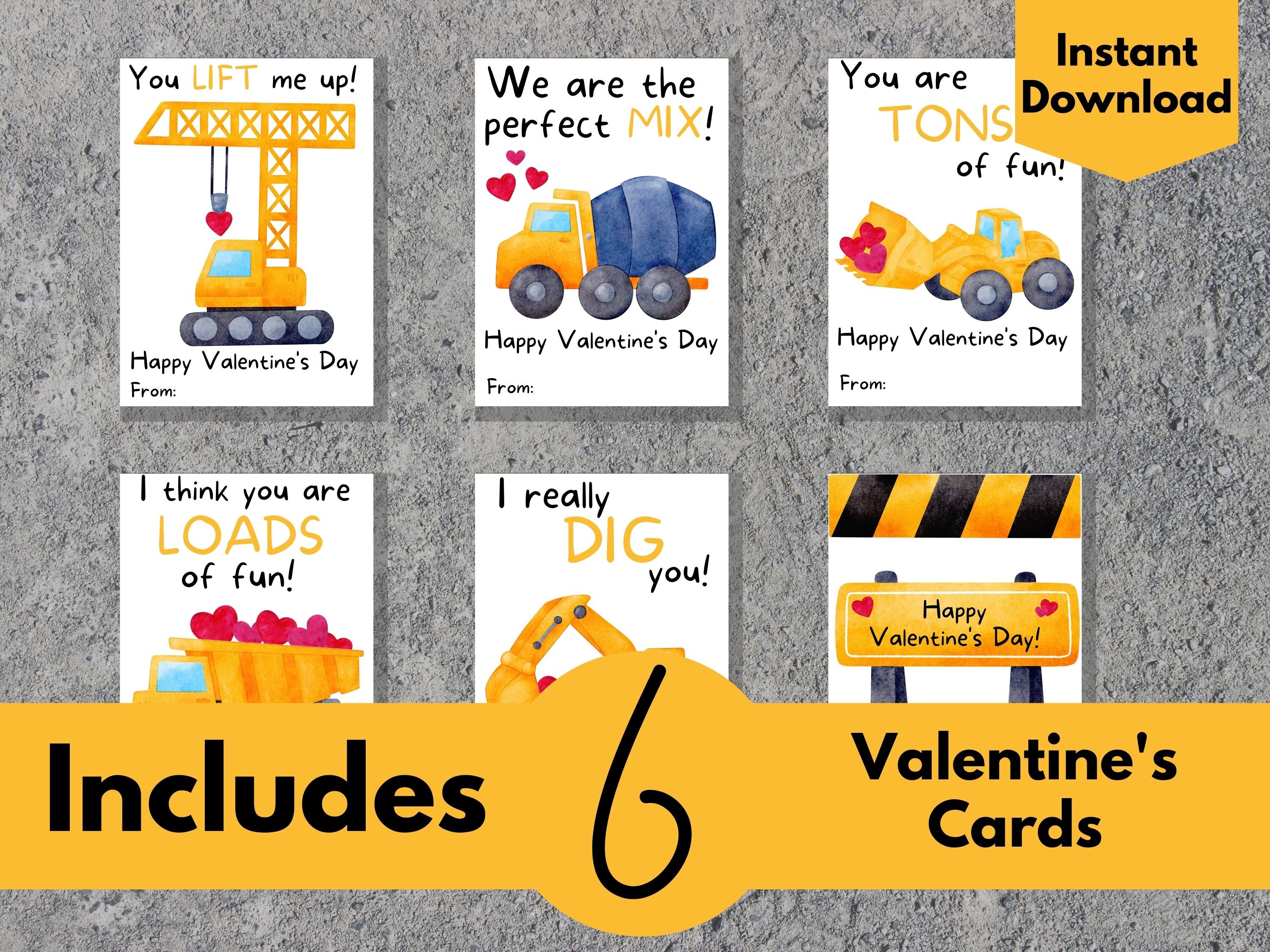Kid Construction Valentine Tags, Printable Valentine Cards for Kids ...