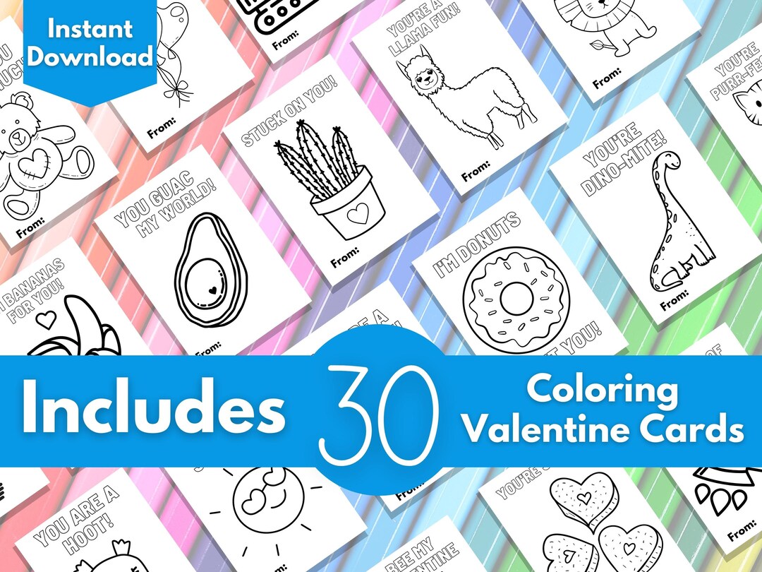 Printable Coloring Valentines Cards With 30 Fun Designs - Etsy