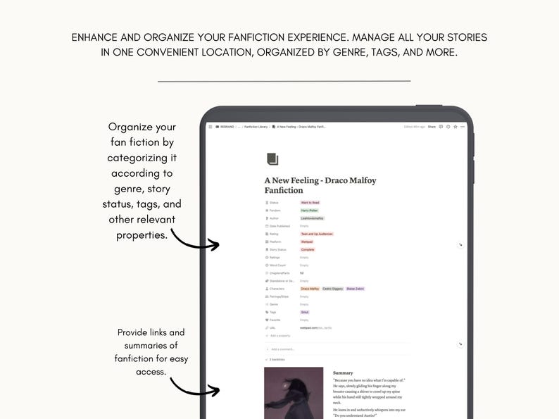 Notion Fanfiction Journal Template, Digital Reading Log, Writing ...