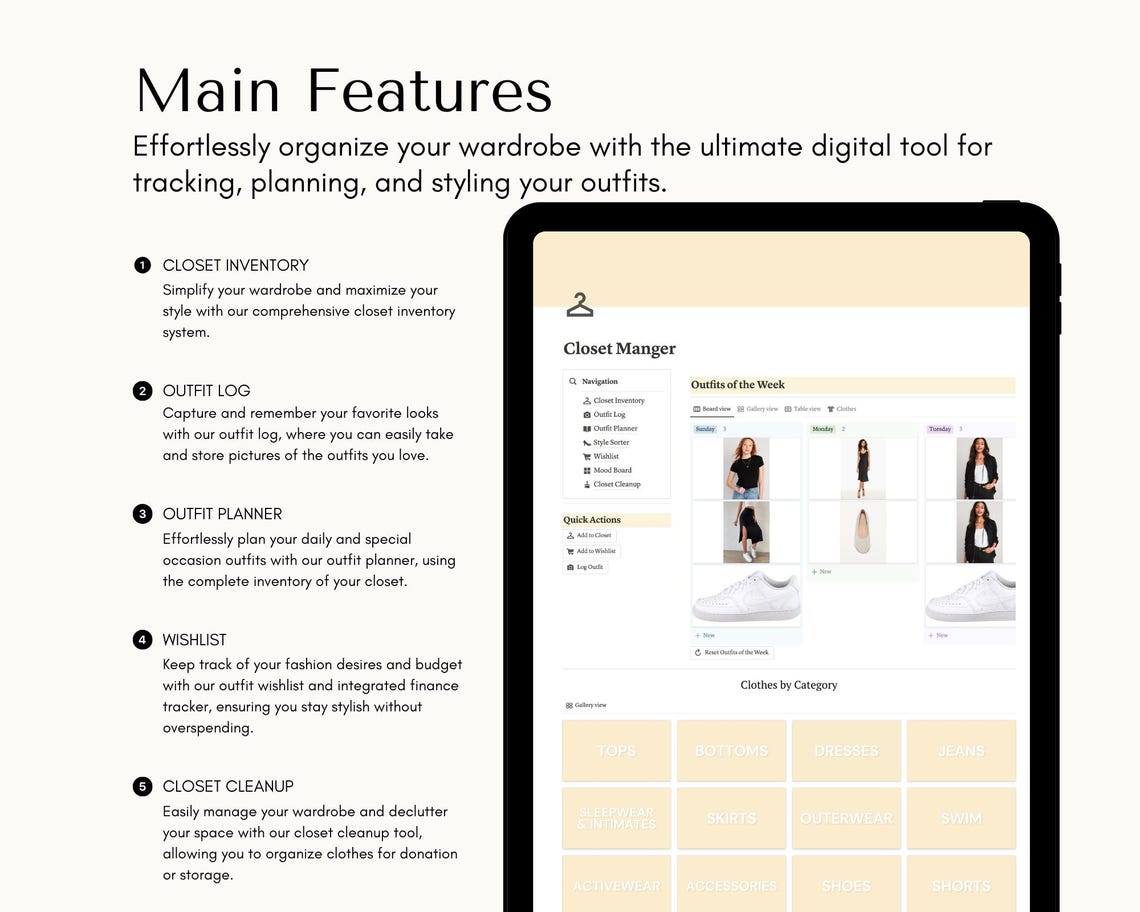 Notion Template Closet Manager, Wardrobe Organizer, Outfit Planner ...
