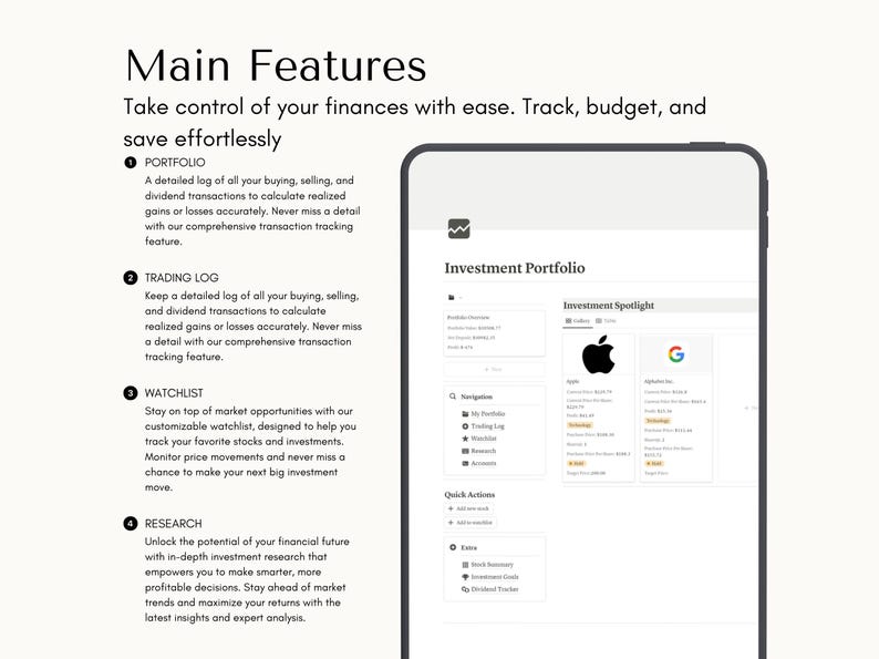 Notion Investment Tracker Template Digital Portfolio Organizer Stock