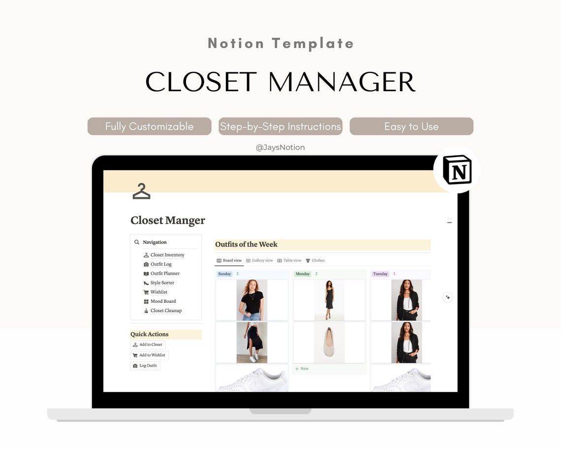 Notion Template Closet Manager, Wardrobe Organizer, Outfit Planner ...