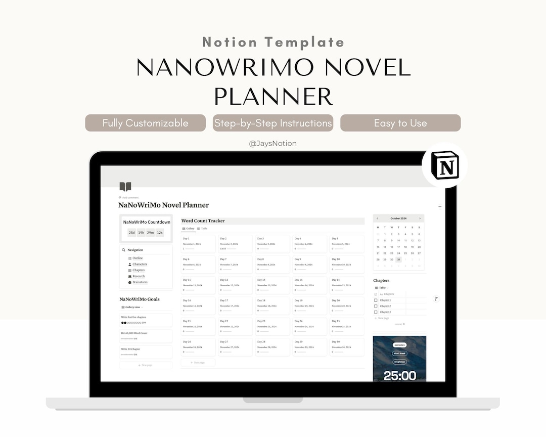 Notion Template Nanowrimo Novel Planner for Writers, Creative Writing ...