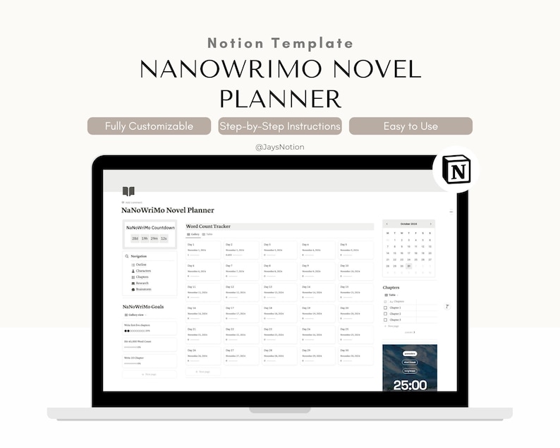 Notion Template Nanowrimo Novel Planner for Writers, Creative Writing ...