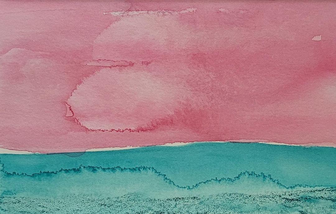 Aqua Blue Pink Abstract Seascape Signed Original Watercolor Minimalist ...