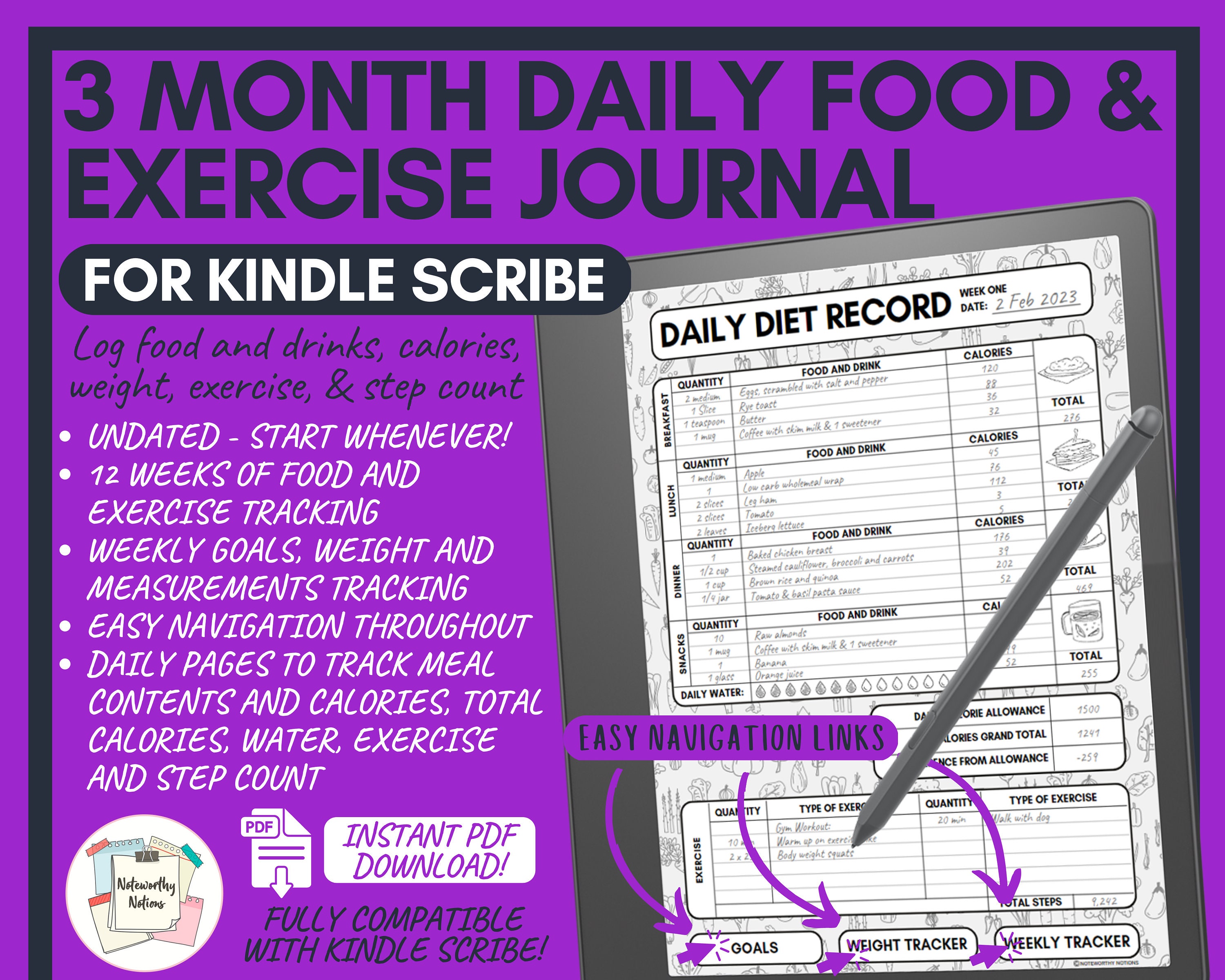 Kindle Scribe Daily Food & Exercise Journal Undated 3 Month Weight ...