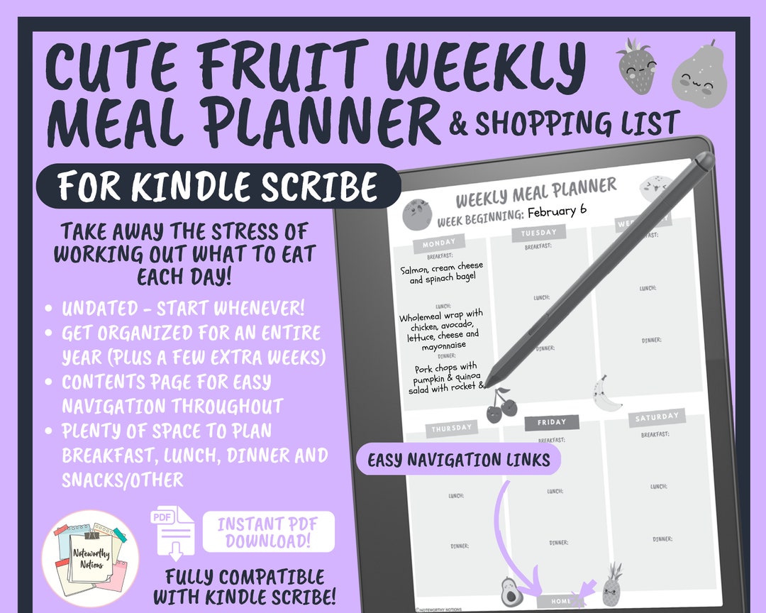 Kindle Scribe Cute Fruit Weekly Meal Planner & Shopping List | Undated ...