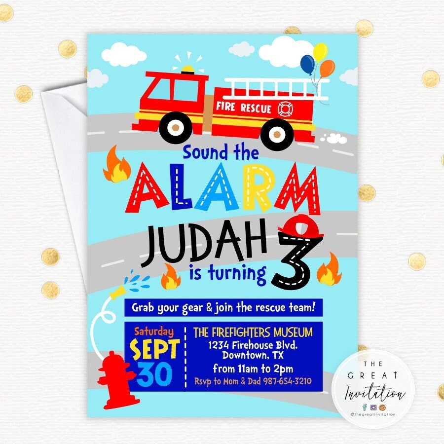 Firefighter First Birthday Invite, Turning 3 Birthday Invite, Fireman ...