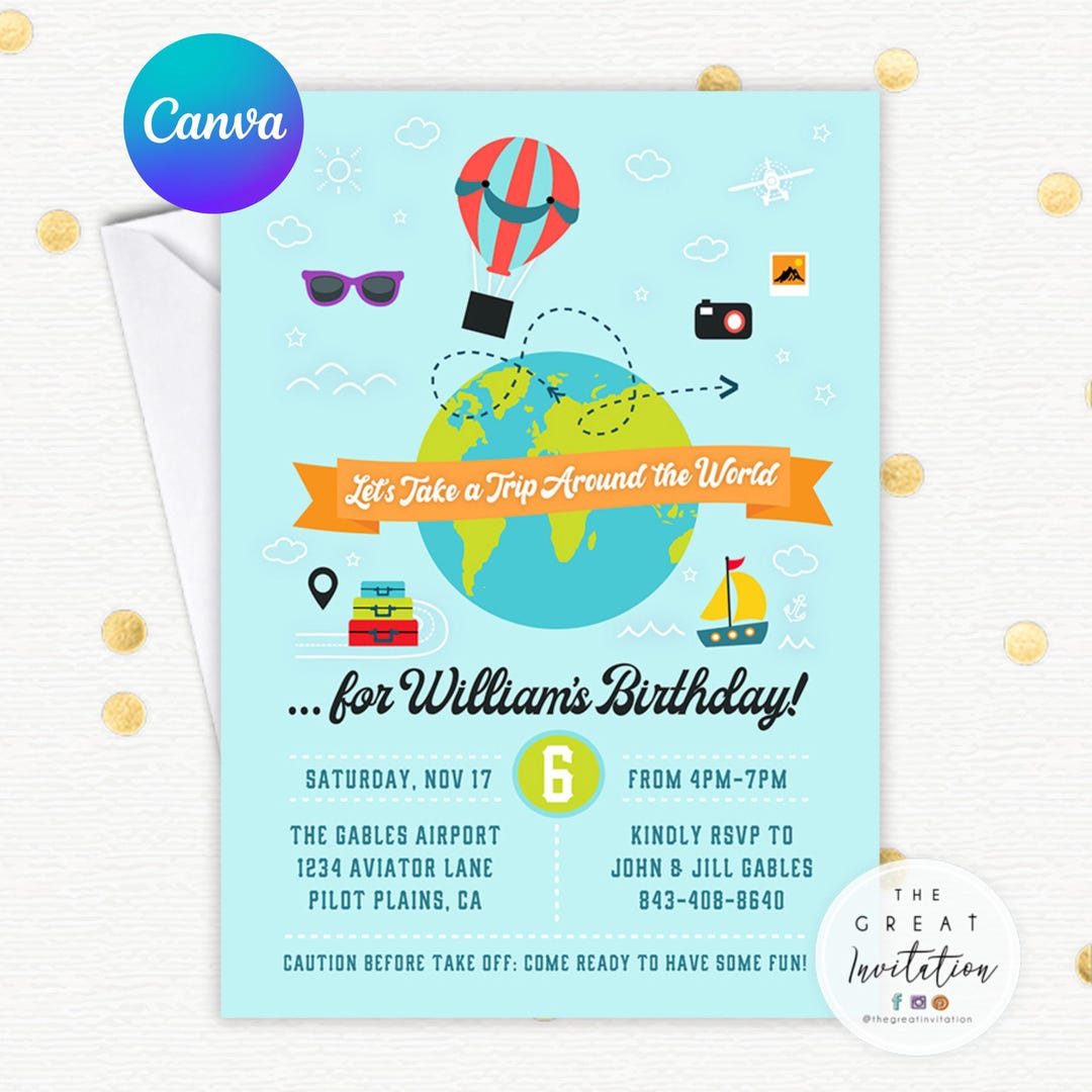 Editable Around the World Birthday Invite, Travel Invite, Aviation ...