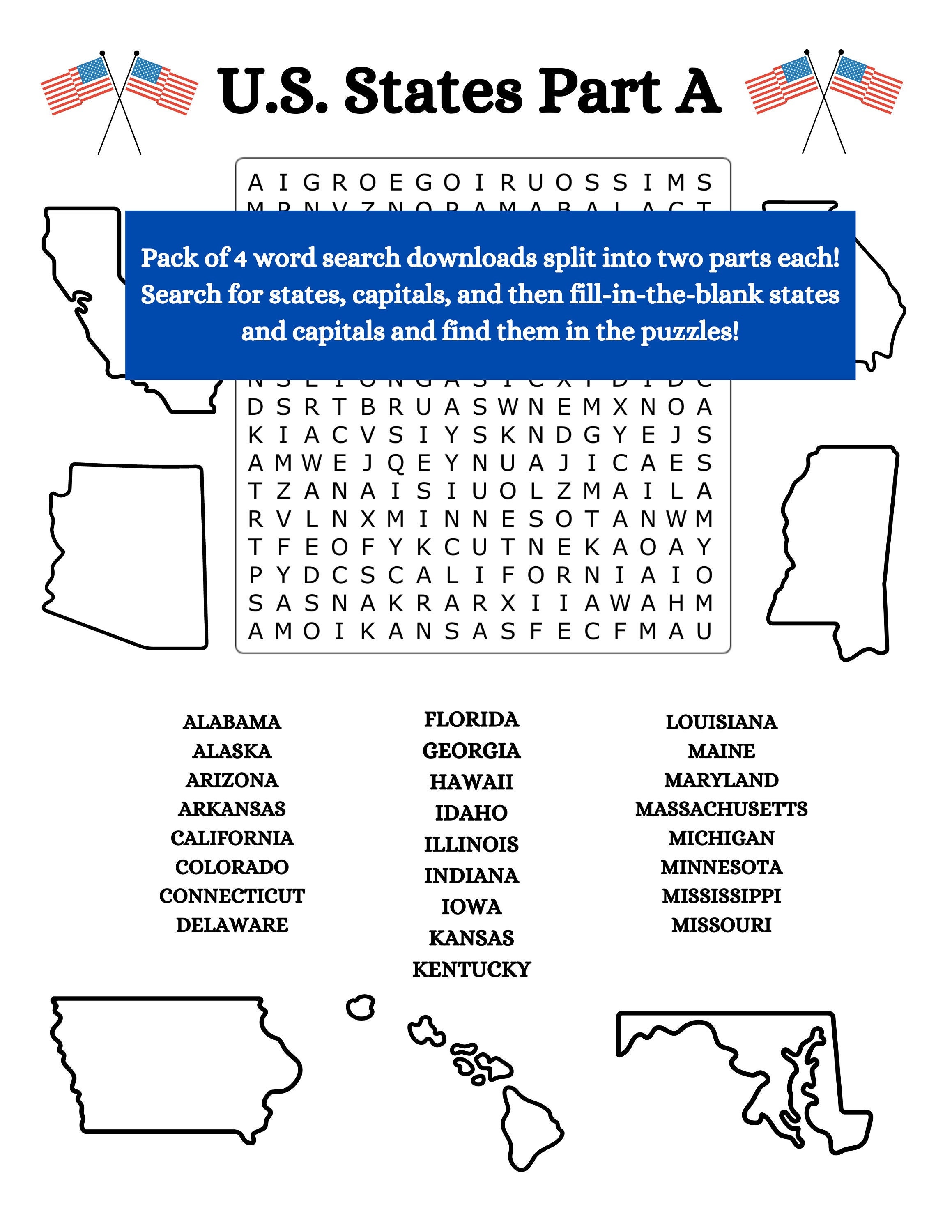 US State Capitals Word Search 4 Pack Printable Game for Students ...