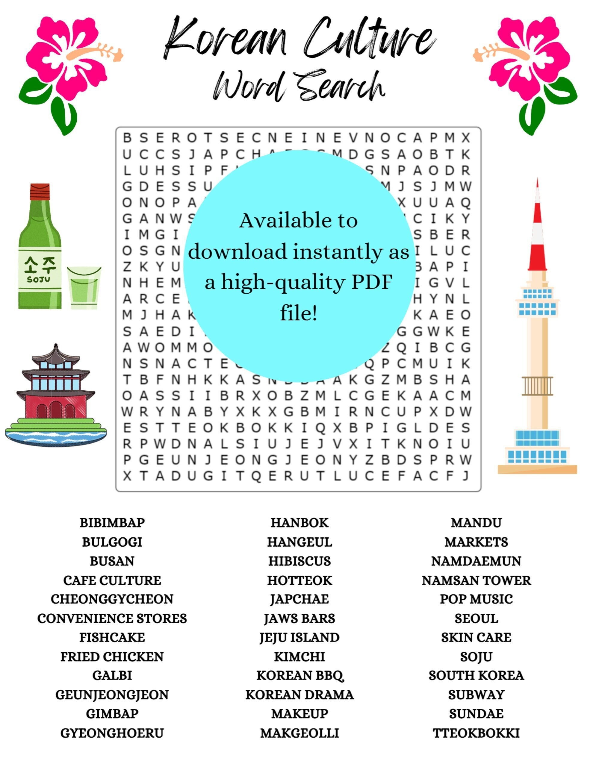 Korean Culture Word Search Puzzle Game - Etsy