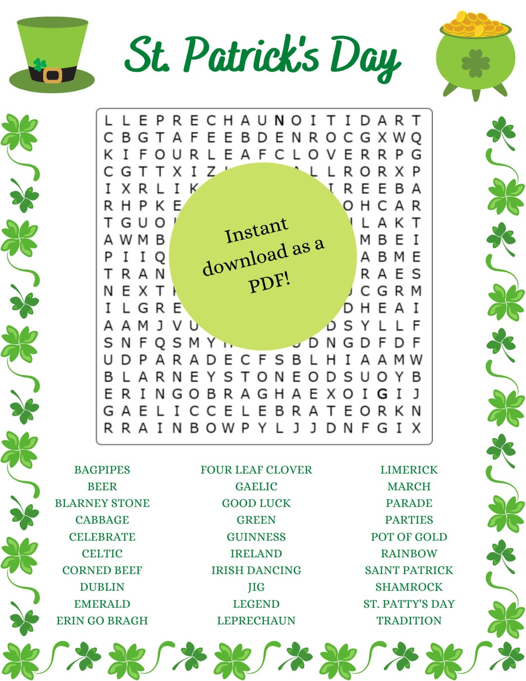 St. Patrick's Day Word Search Game - Etsy