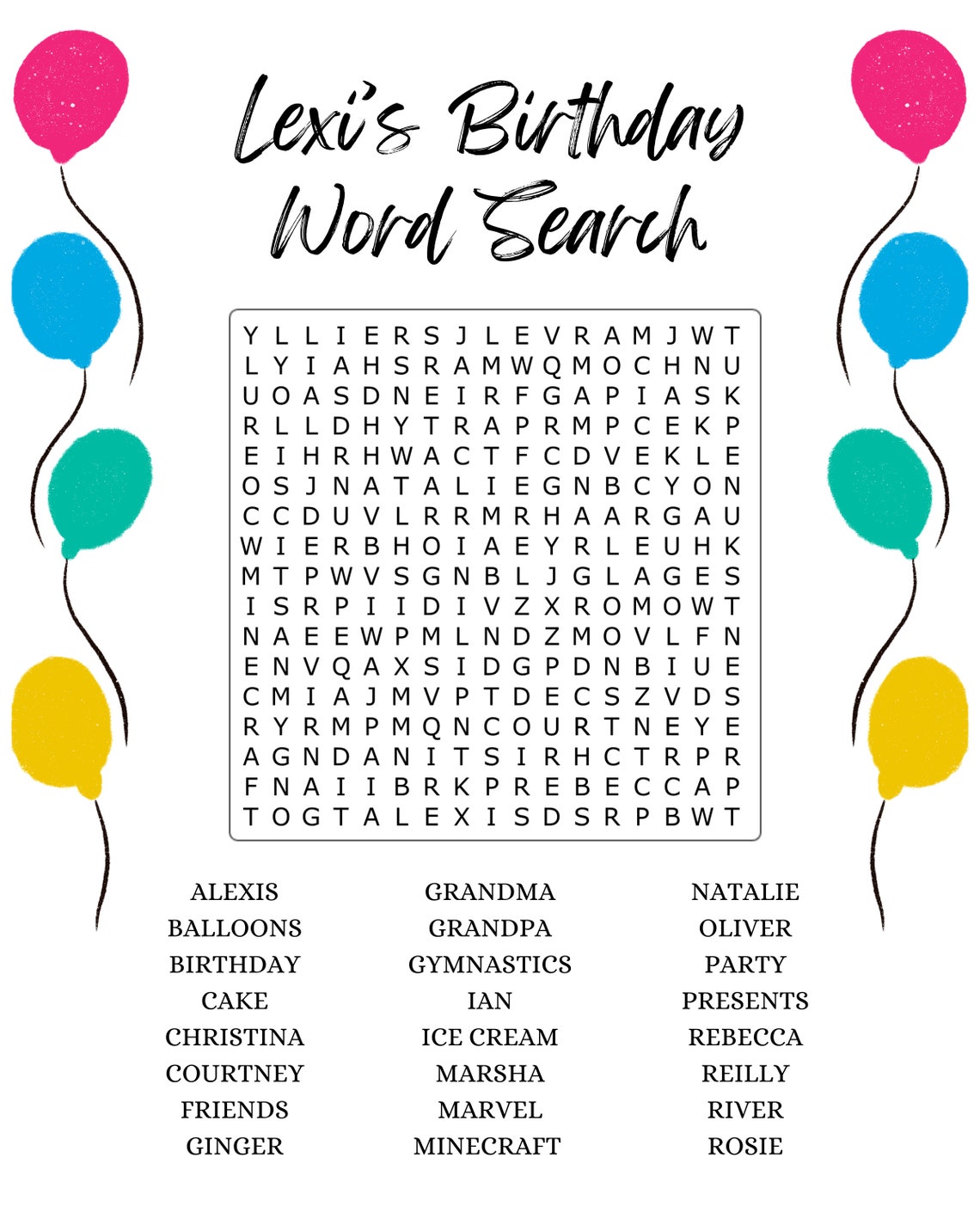 Custom Personalized Word Search Puzzle for Parties, Wedding Showers ...