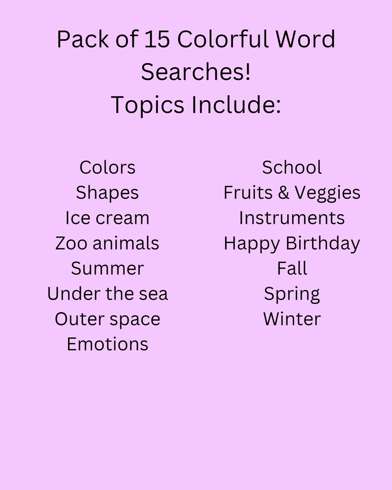 Colorful Word Searches for Kids, Pack of 15 Available to Download ...