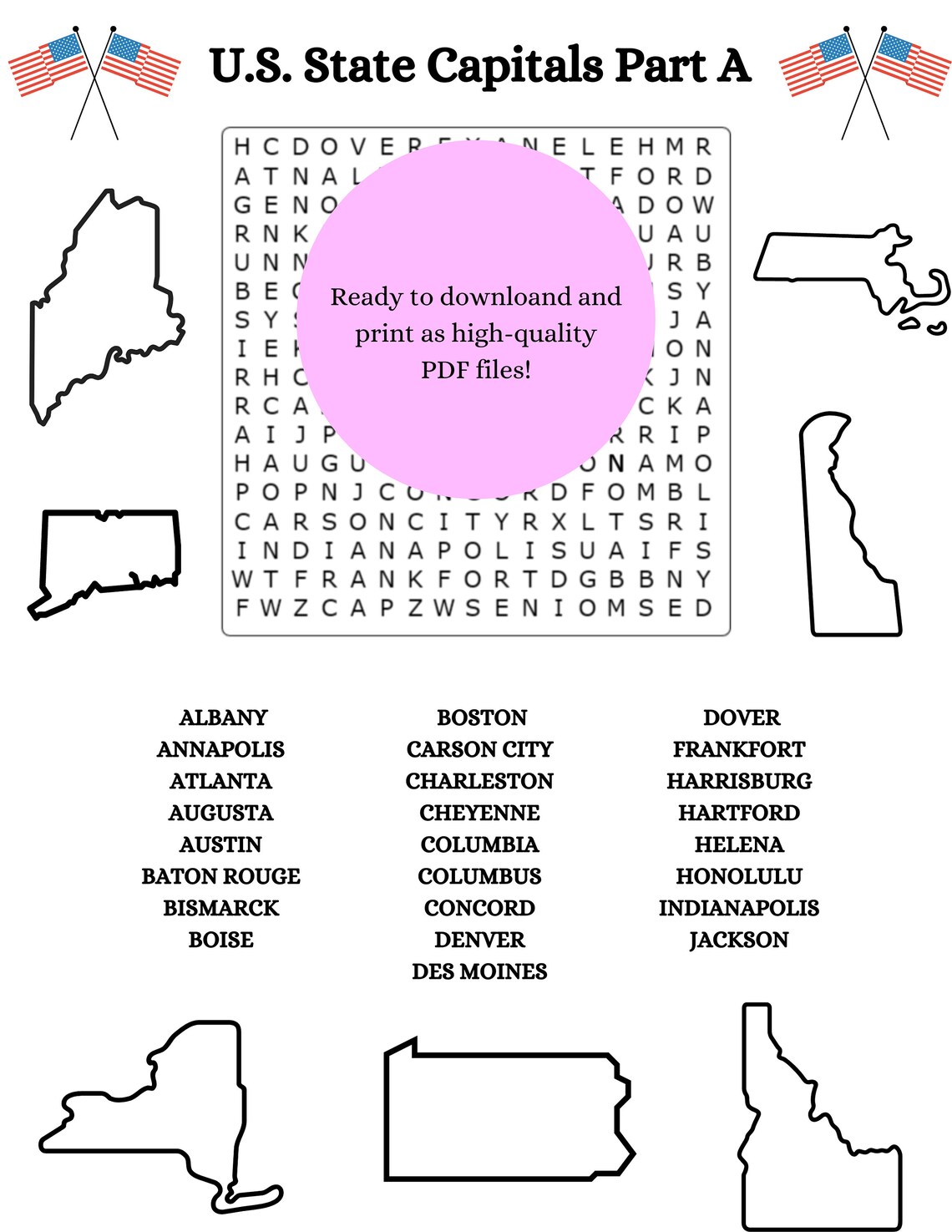 US State Capitals Word Search 4 Pack Printable Game for Students ...