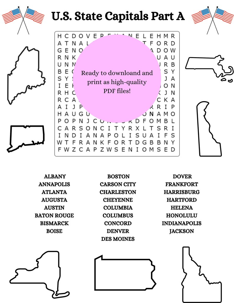 US State Capitals Word Search 4 Pack Printable Game for Students ...