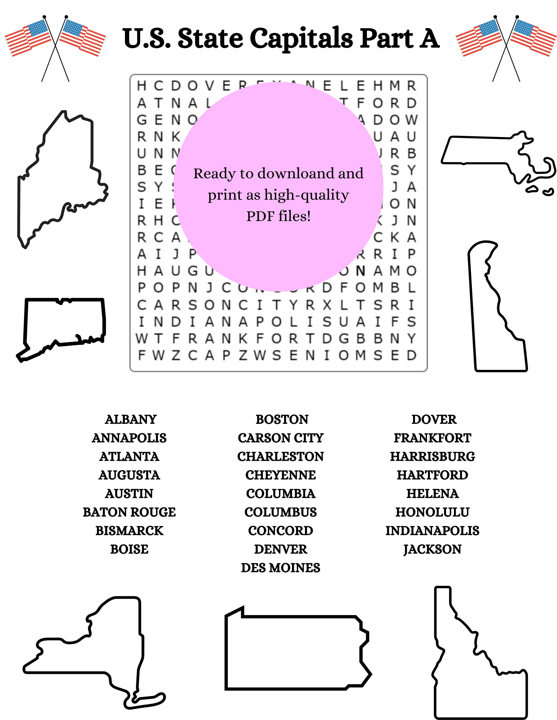 US State Capitals Word Search 4 Pack Printable Game for Students ...