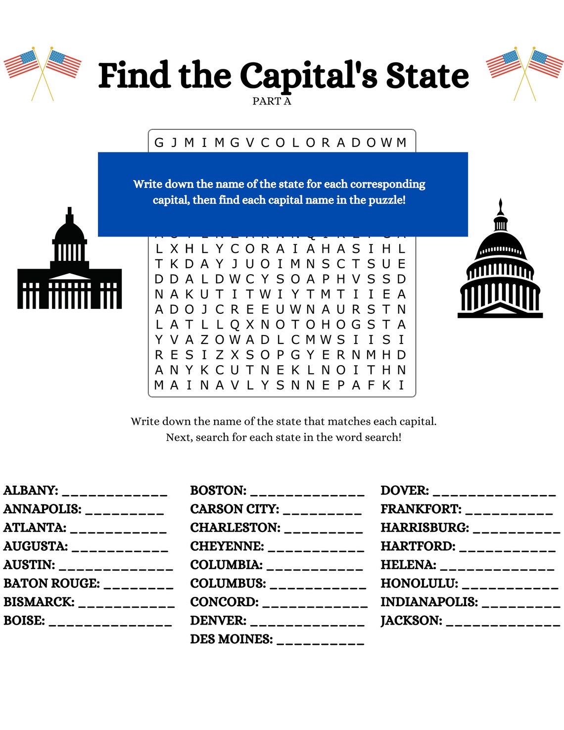 US State Capitals Word Search 4 Pack Printable Game for Students ...