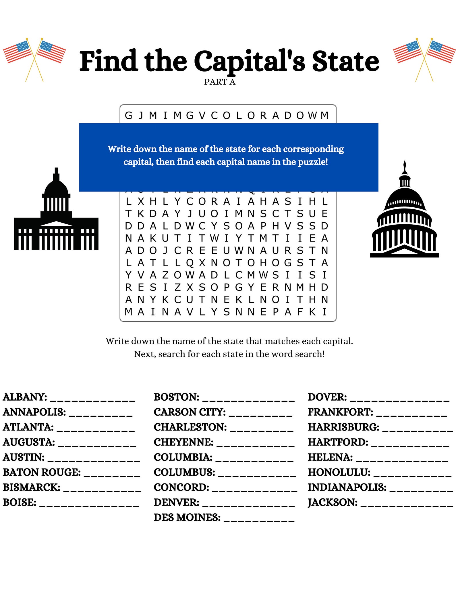 US State Capitals Word Search 4 Pack Printable Game for Students ...