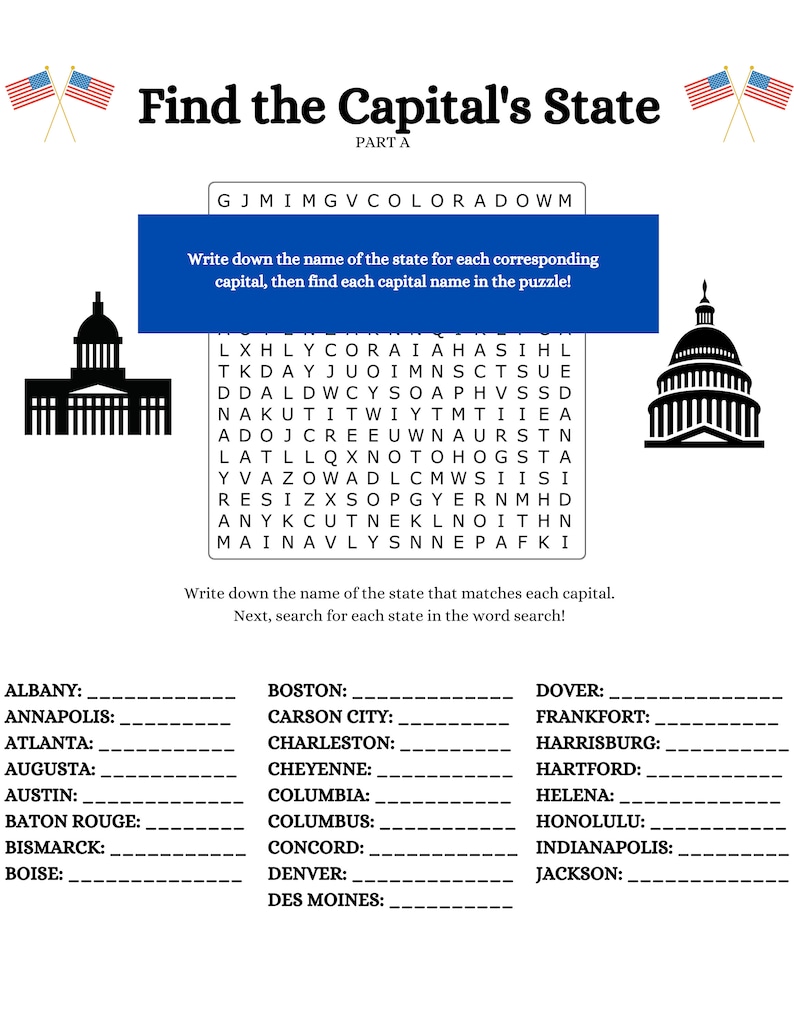 US State Capitals Word Search 4 Pack Printable Game for Students ...