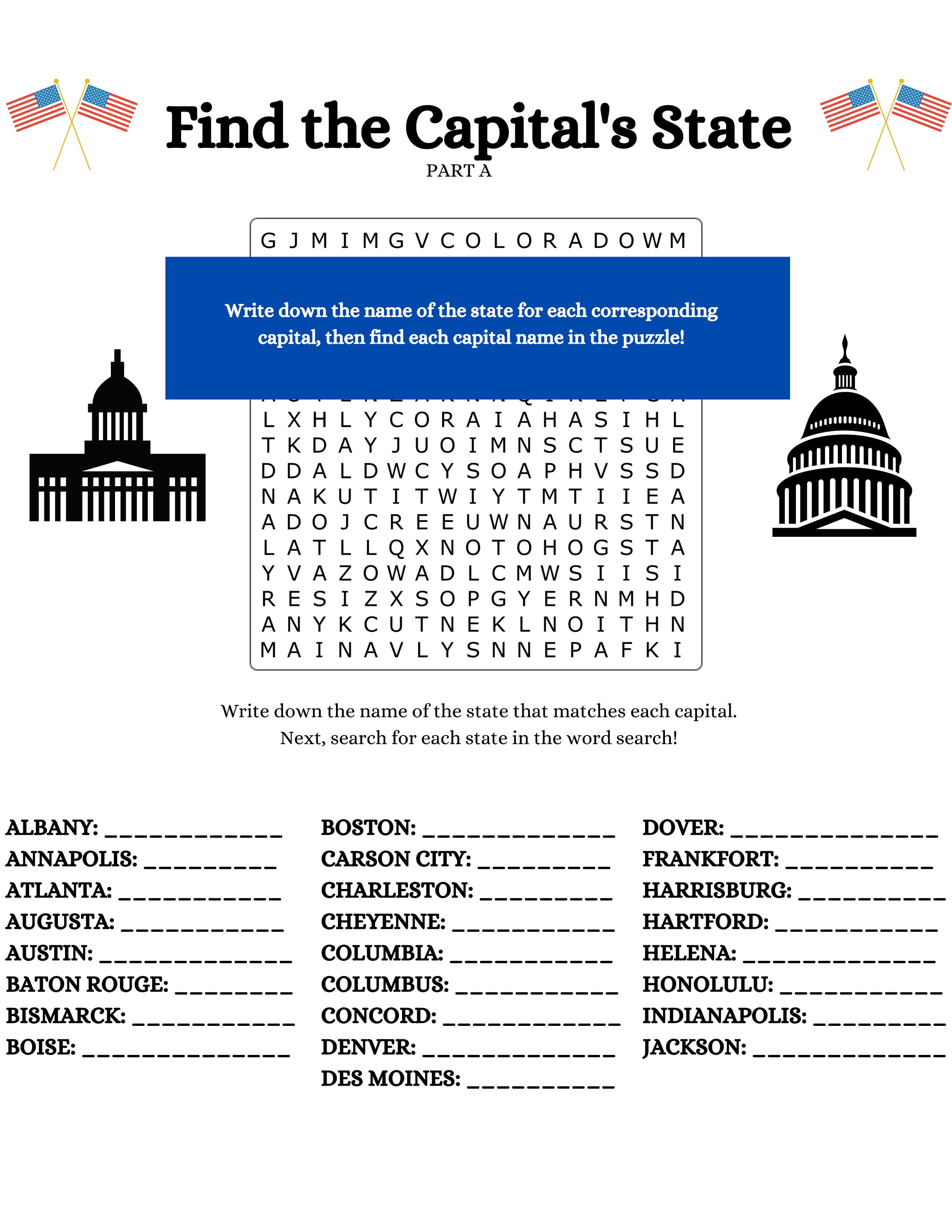 US State Capitals Word Search 4 Pack Printable Game for Students ...