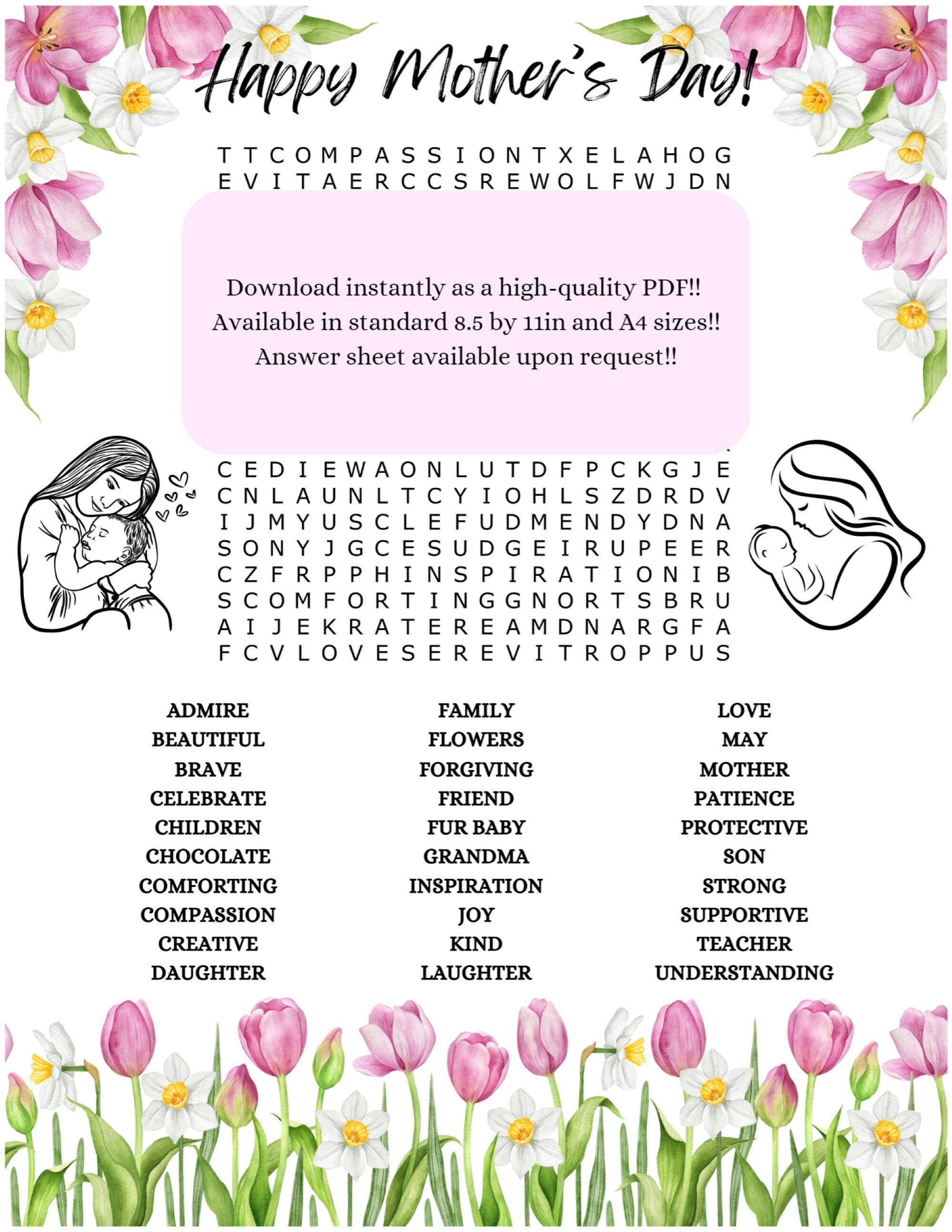 Happy Mother's Day Word Search Puzzle Game - Etsy