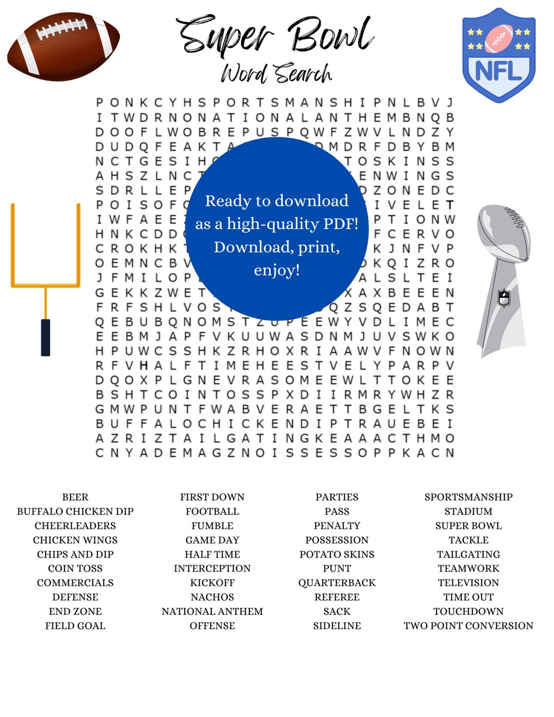 Super Bowl Football Word Search Printable Game - Etsy