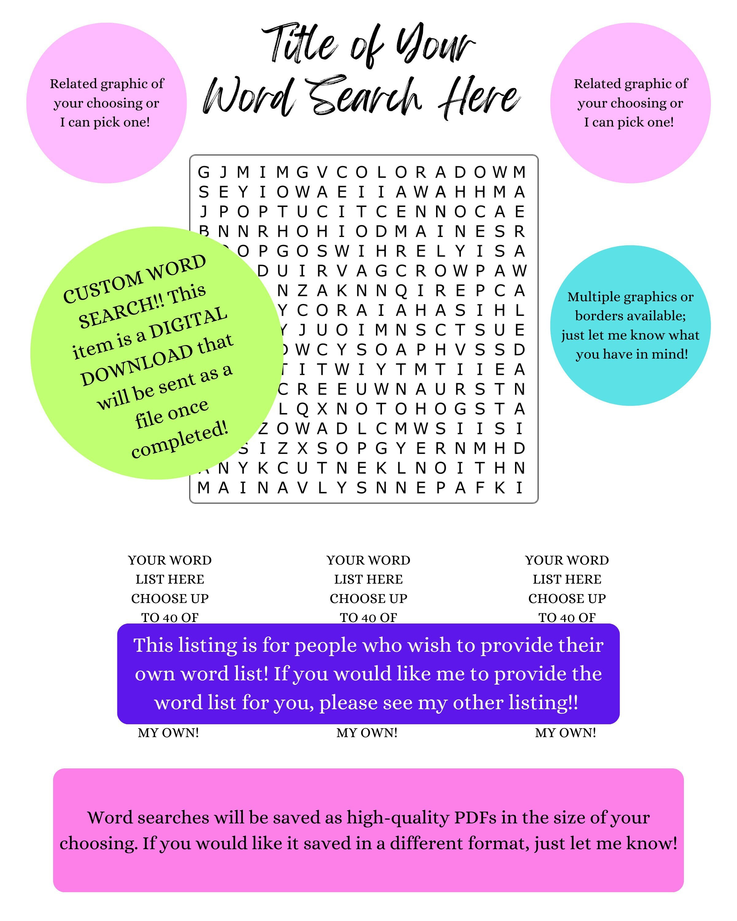 Custom Personalized Word Search Puzzle for Parties, Wedding Showers ...